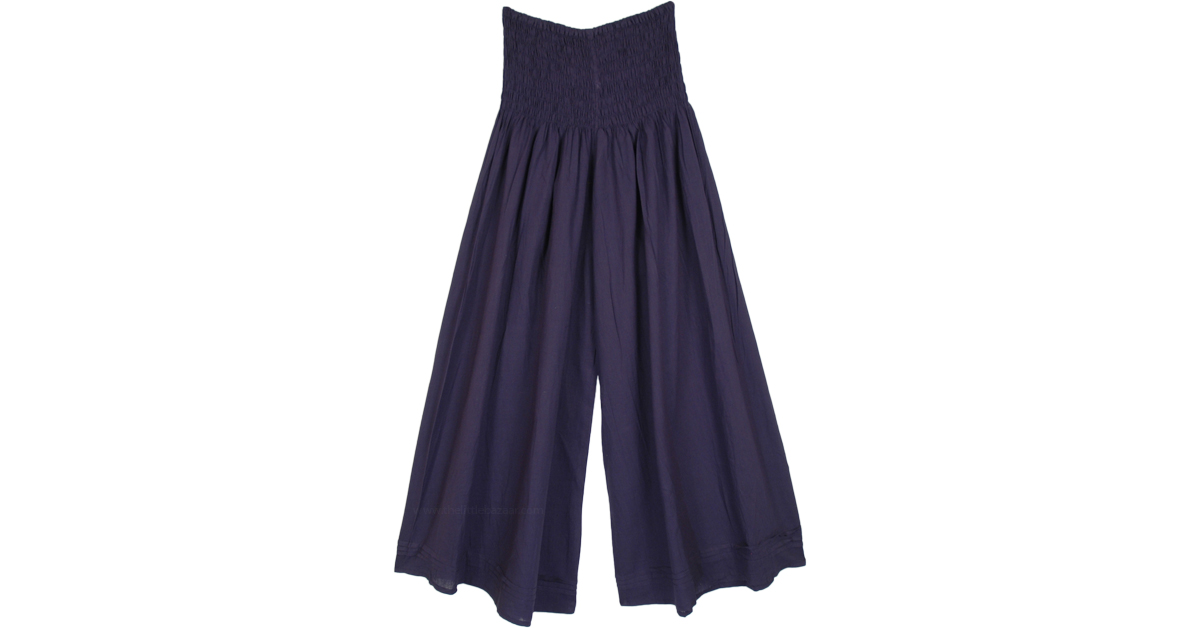 Navy Blue Wide Leg Cotton Pants with Smocked Waist | Blue | Split ...