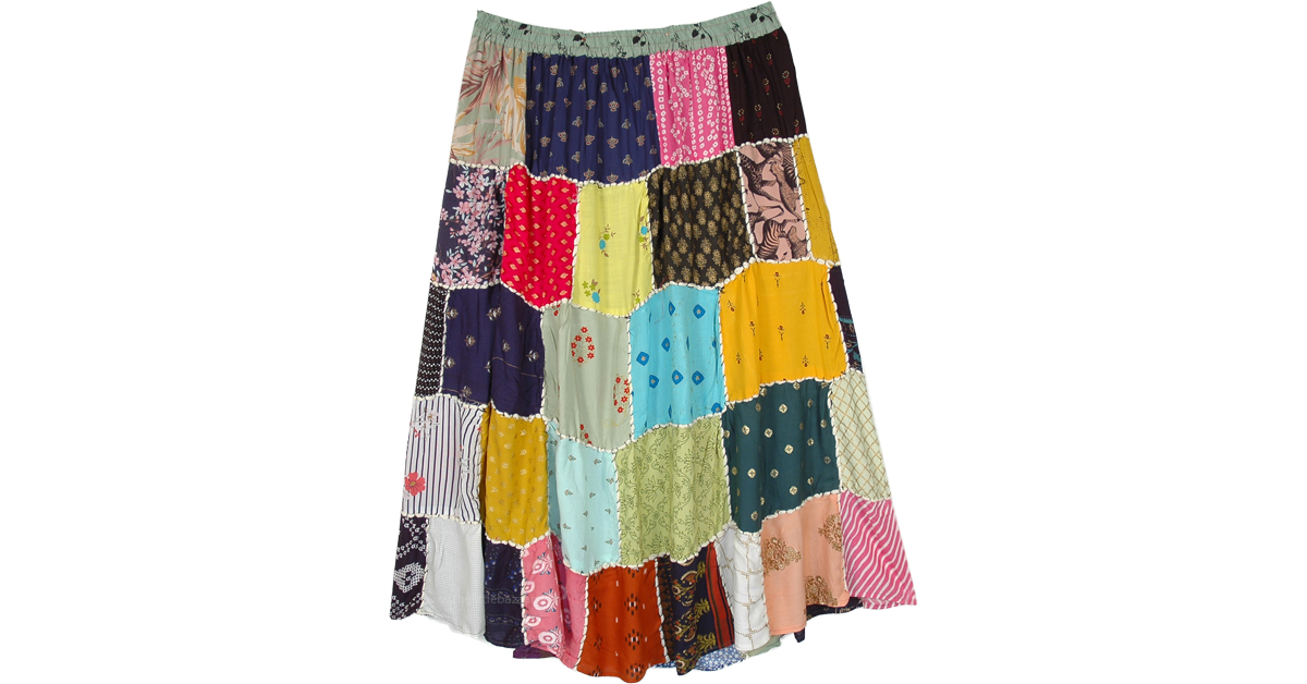 Flowery Fields Mixed Patchwork Plus Size Maxi Skirt in Rayon | Orange ...