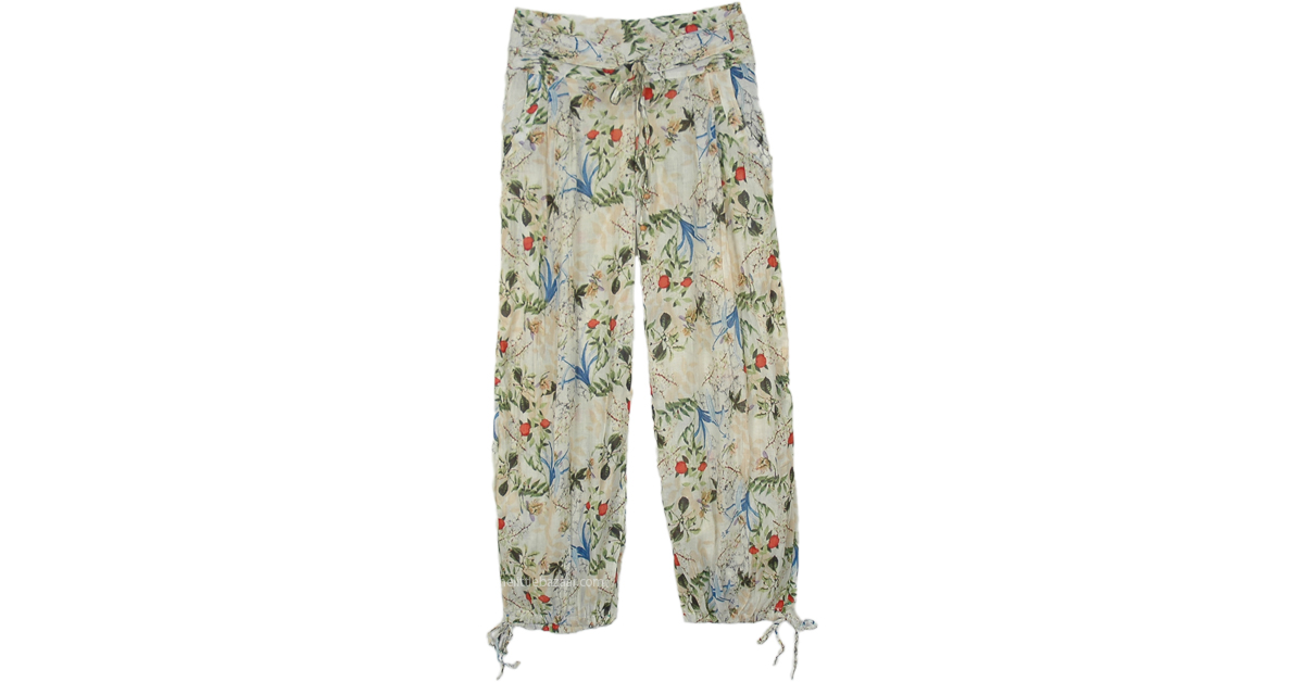 Summer Berry and Leaf Light Boho Pants | White | Split-Skirts-Pants ...