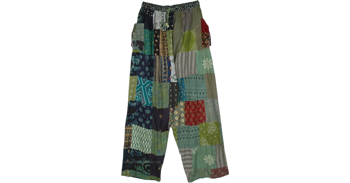 Bohemian Fete Multi Pattern Patchwork Lounge Pants | Green | Split ...