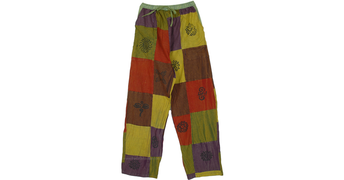 Cool Cucumber Lounge Patchwork Cotton Pants with Stamps | Multicoloured ...