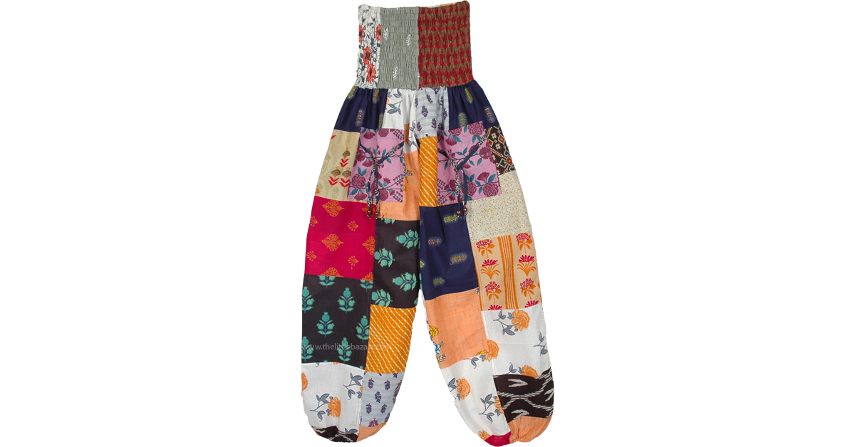 Sunset Mixed Patchwork Harem Pants with Smocked Waist | Multicoloured ...
