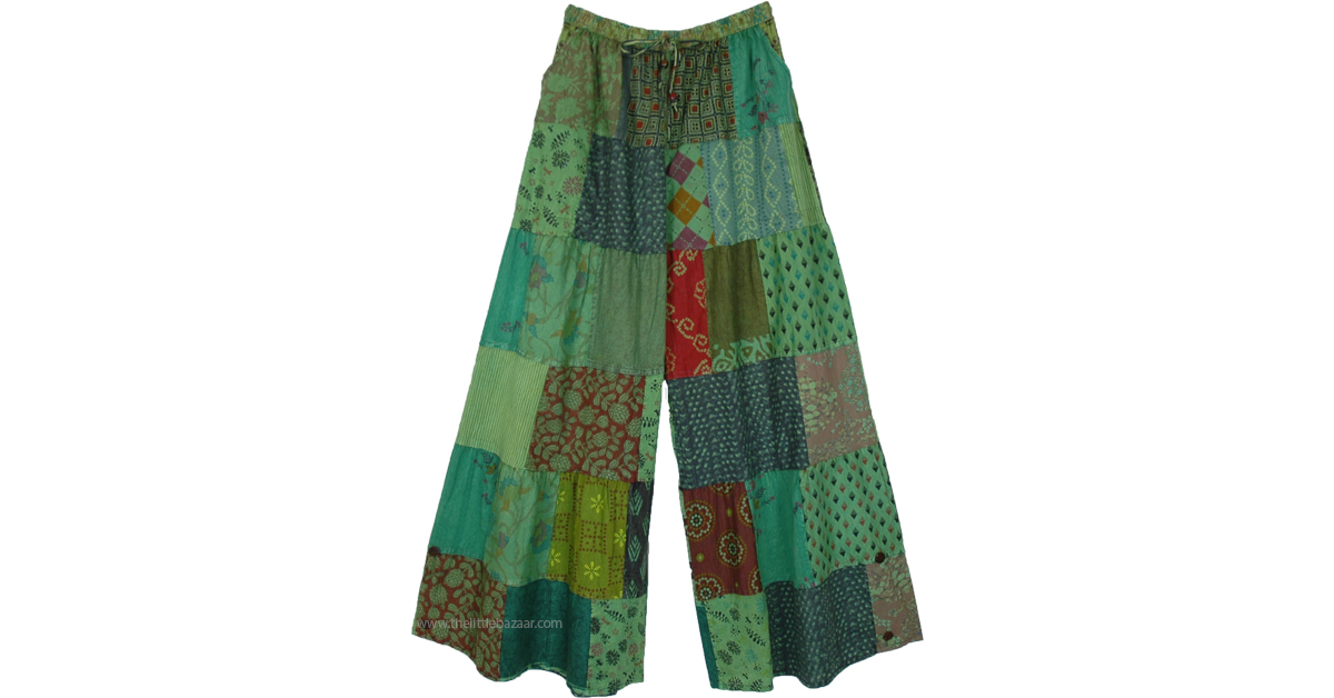 Magical Jungle Bohemian Cotton Long Patchwork Pants | Green | Split ...