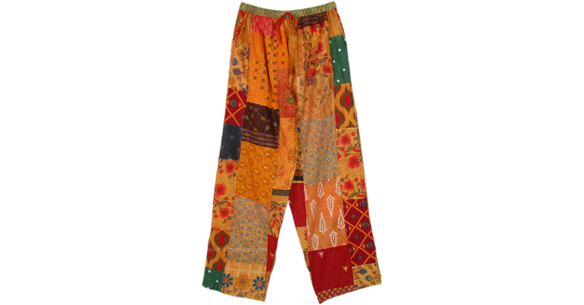 Extra Long XL Fiery Phoenix Boho Patchwork Pants | Multicoloured | Split-Skirts-Pants, Patchwork ...