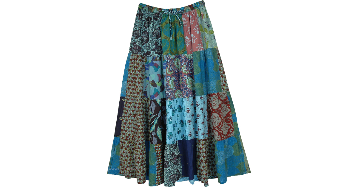 XL Waist Puerto Rico Teal Cotton Patchwork Skirt | Blue | Patchwork, XL ...