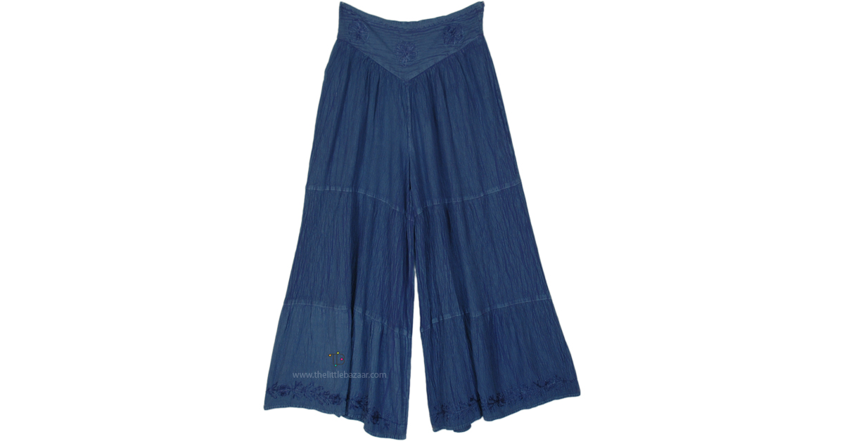 Denim Blue Washed Wide Leg Boho Pants | Blue | Split-Skirts-Pants ...