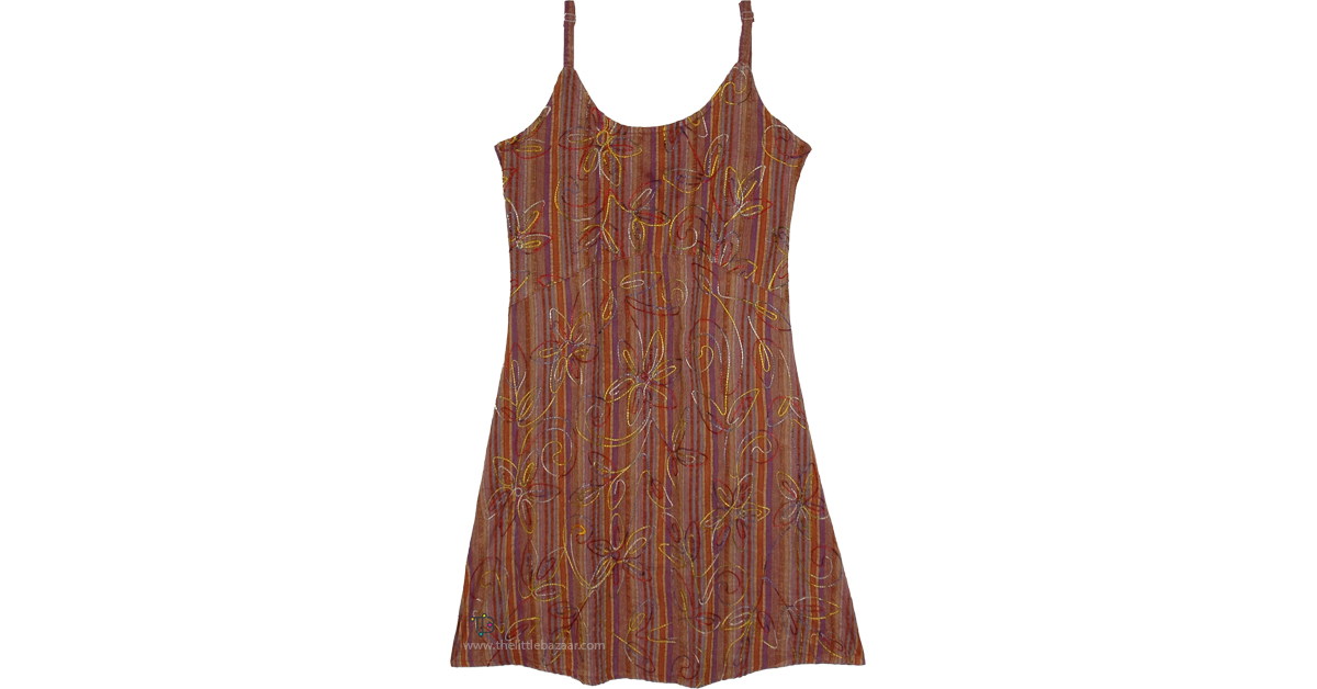 Terracotta Stripes Embroidered Summer Cotton Dress | Dresses | Red ...