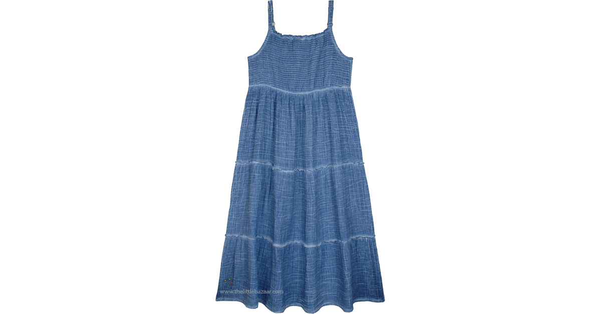 Crinkled Blue Washed Cotton Tiered Summer Dress | Dresses | Blue ...