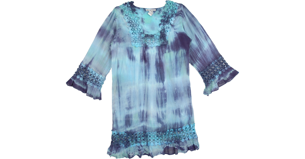 Blue Tie Dye Top Blouse Tunic with Crochet Lace | Tunic-Shirt | Blue | Crochet-Clothing, XL-Plus ...