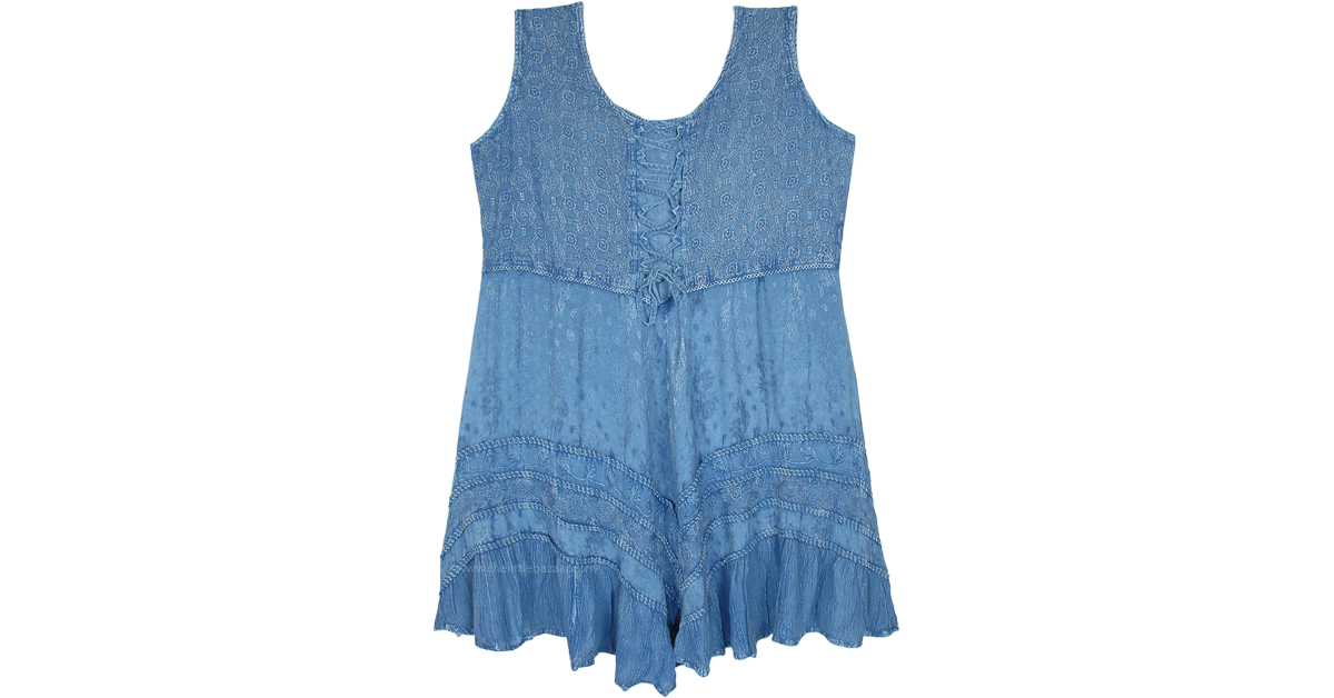 Front Lace Embroidered Stonewashed Short Dress in Denim Blue | Dresses ...