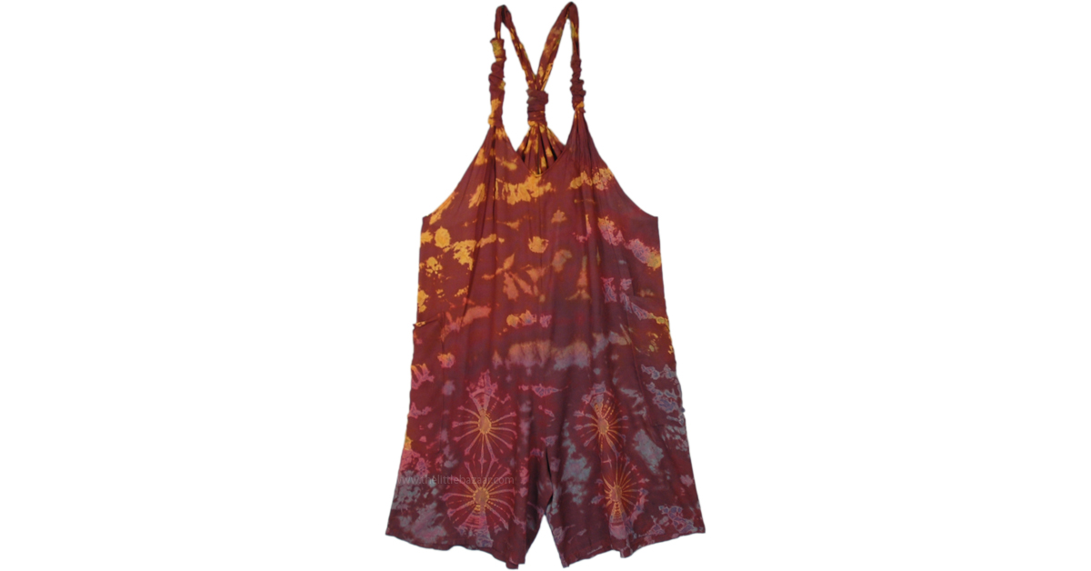 Brown Rust Bohemian Tie Dye Romper | Dresses | Brown | Sleeveless ...