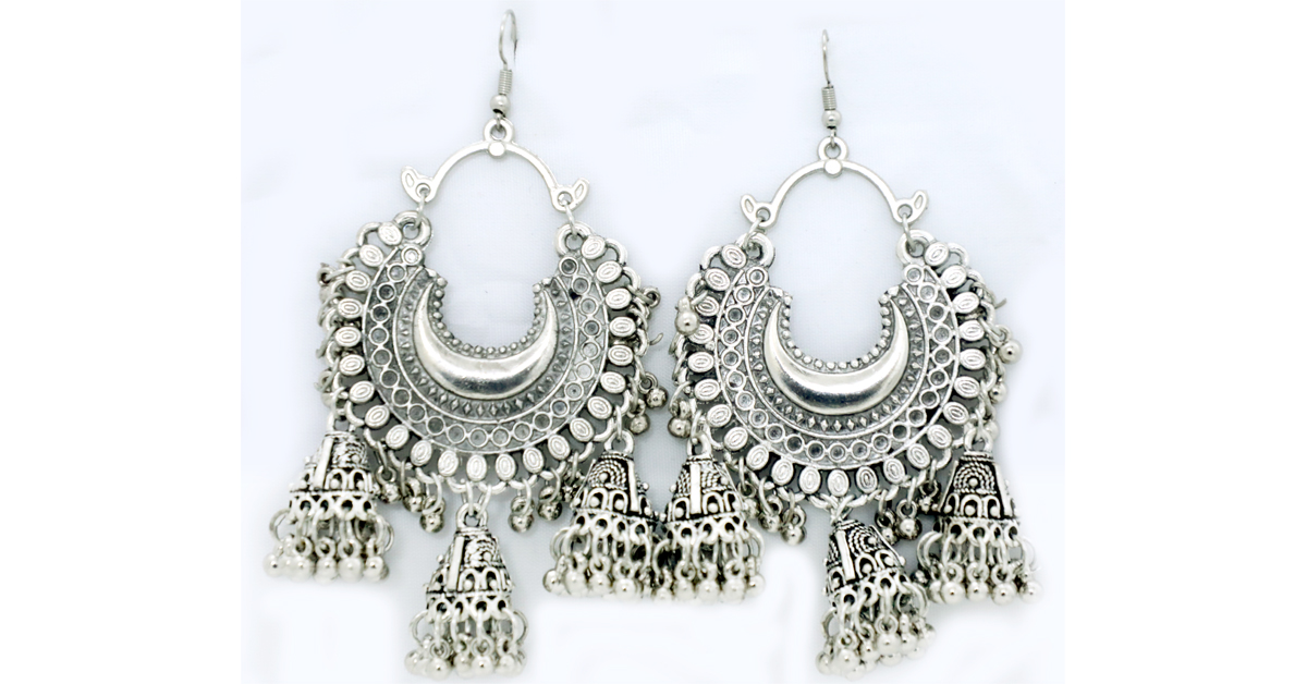 Jaipuri Earrings in All Silver with Bell Hangings | Jewelry | Silver ...
