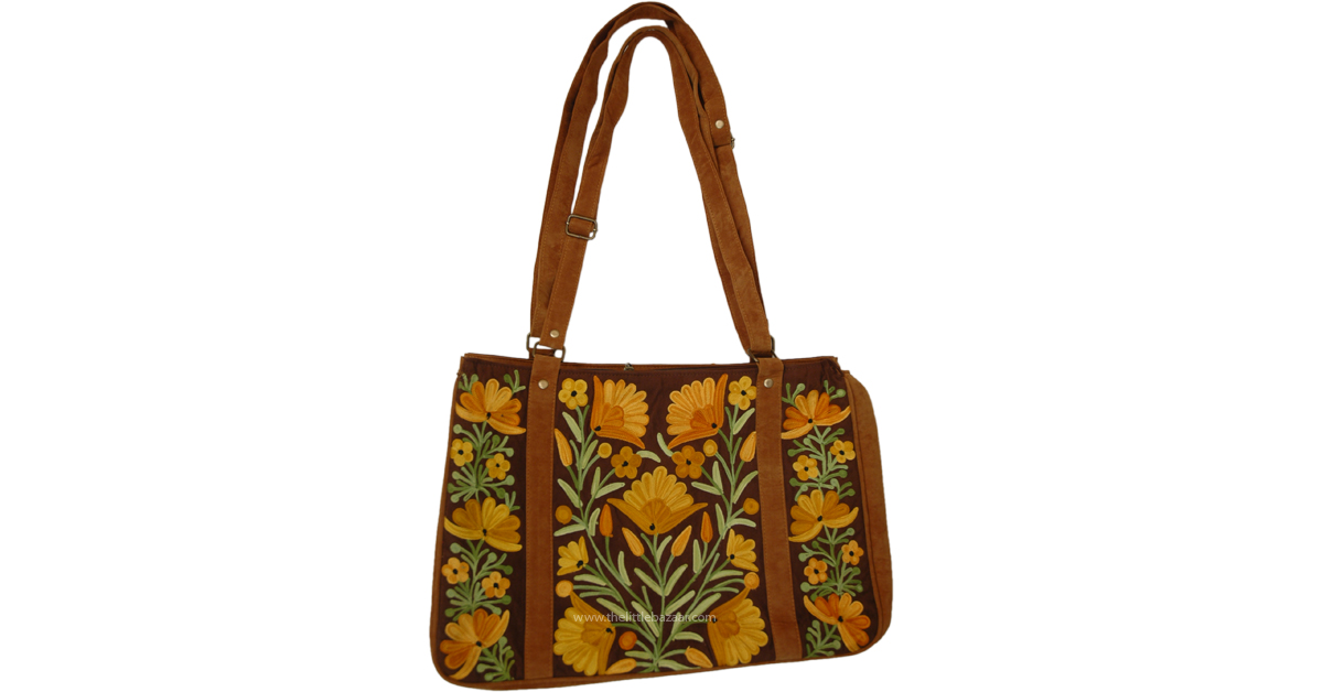 Earth Lovers Floral Brown Suede Laptop Bag | Purses-Bags | Brown ...