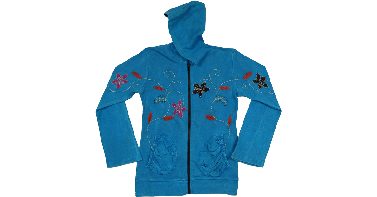Boho Bahama Floral Hooded Jacket | Scarf-Shawls | Blue