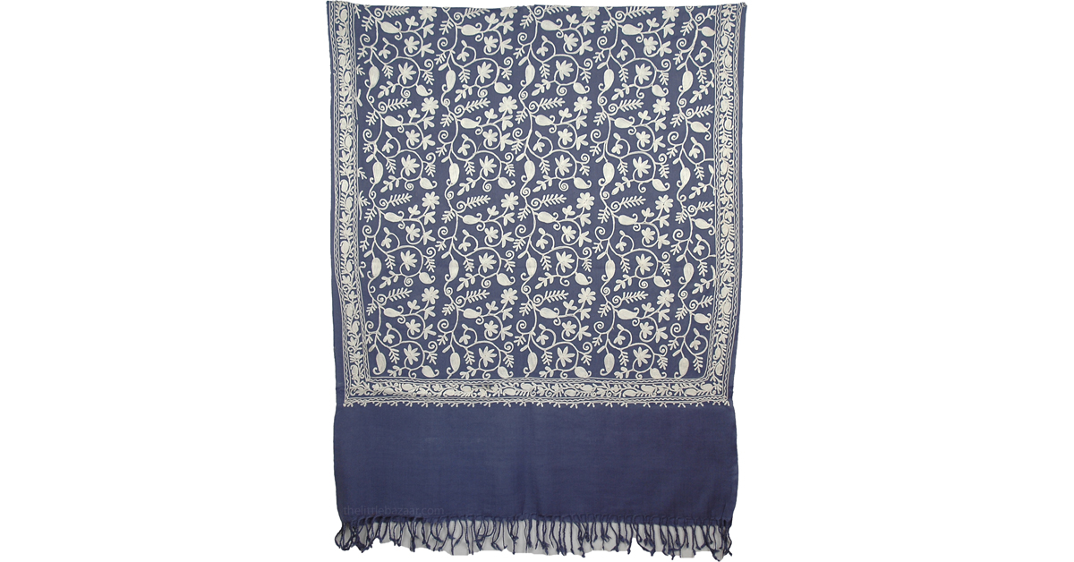 Blue Embroidery Wool Stole | Scarf-Shawls | Fall