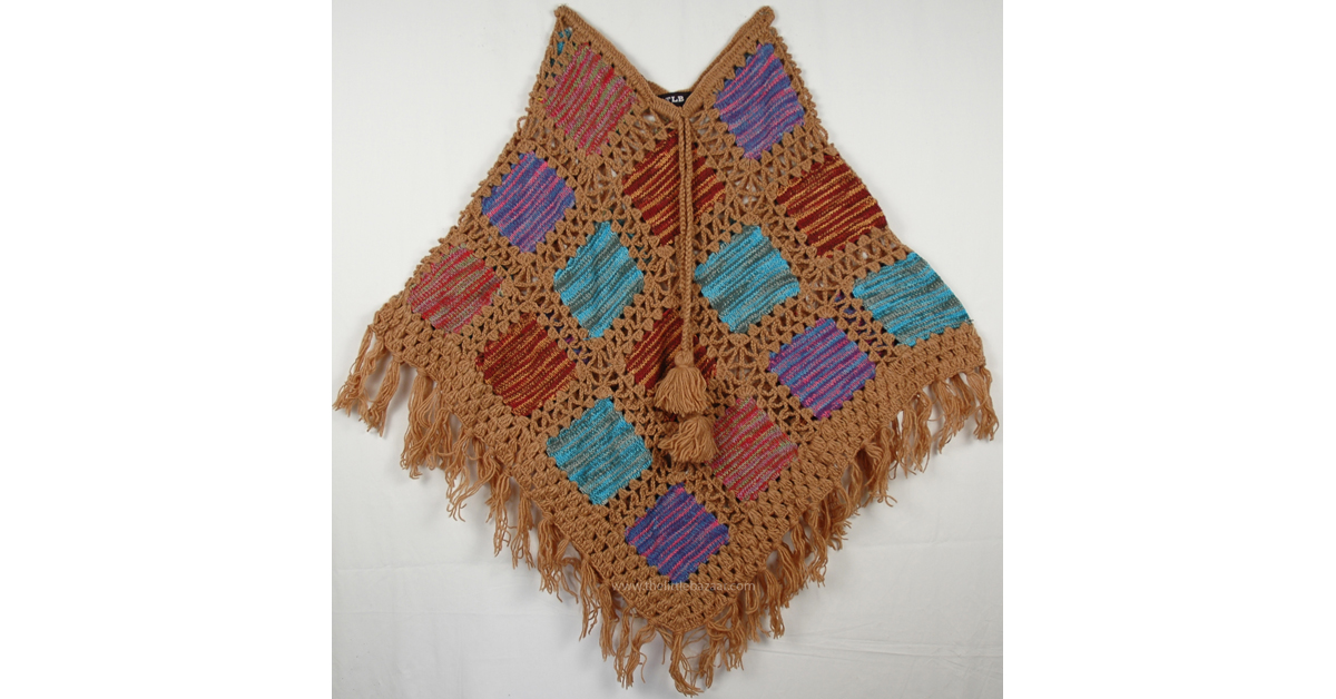 Patchwork Boho Crochet Fringe Poncho | Scarf-Shawls | Multicoloured ...