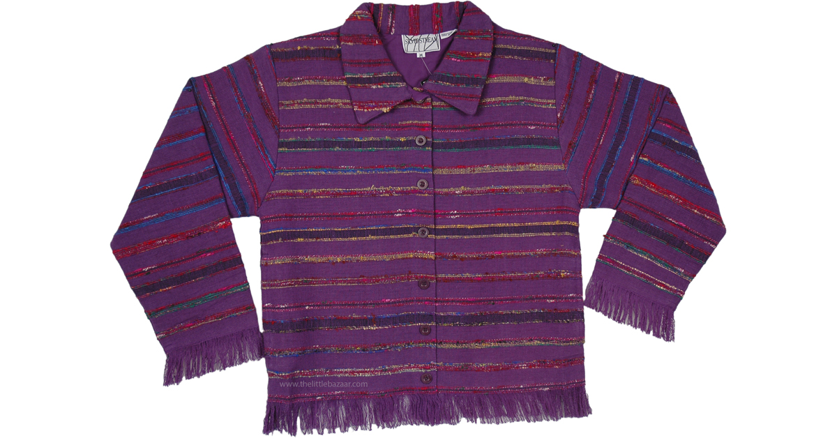Plum Purple Fringed Bohemian Fall Cotton Jacket | Scarf-Shawls | Purple ...