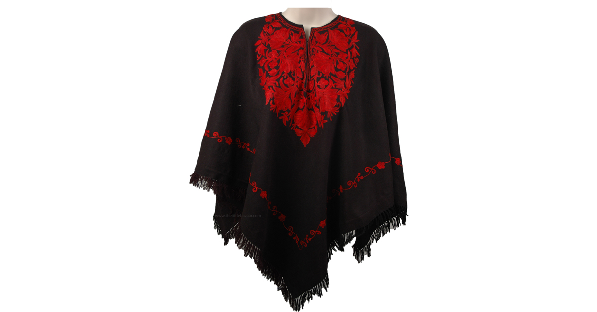 Black Red Designer Wool Poncho | Scarf-Shawls | Black