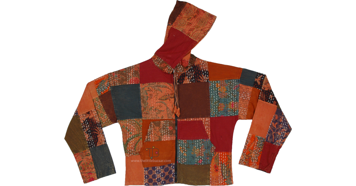 Rustic Autumn Patchwork Boho Hooded Cotton Jacket | Scarf-Shawls ...