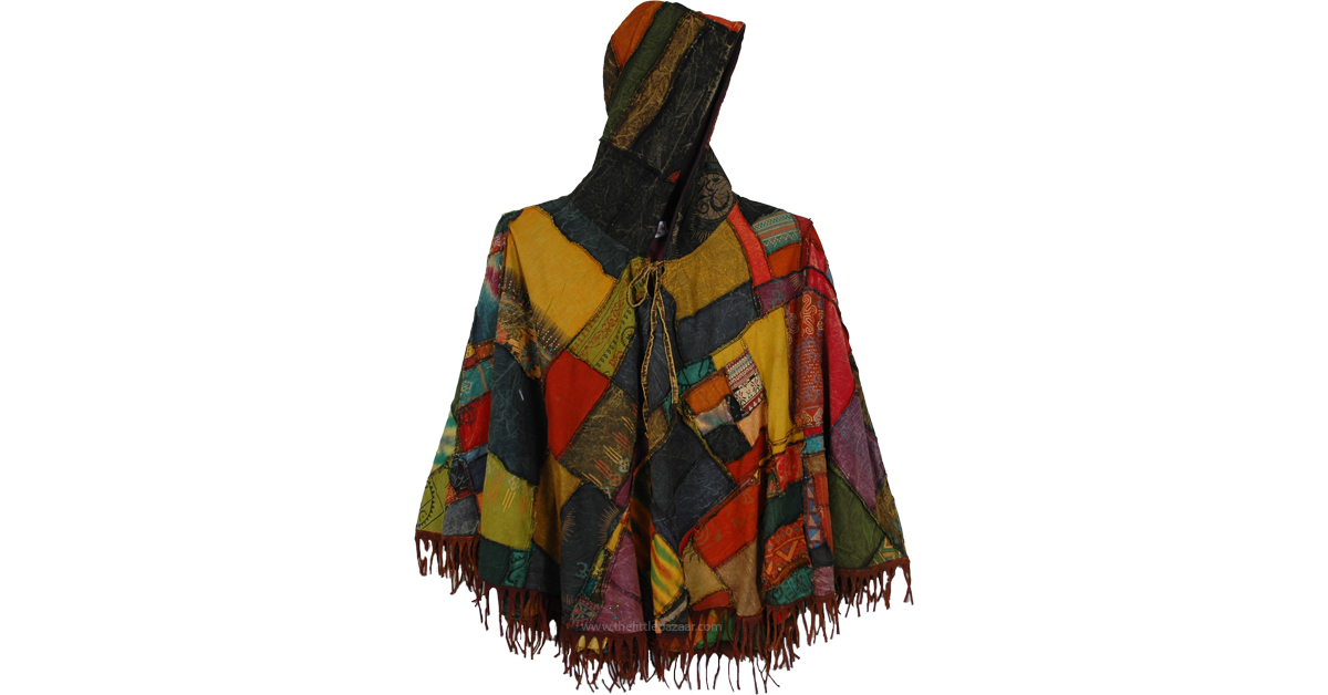 Sunset Bazaar Upcycled Patchwork Hooded Poncho | Scarf-Shawls | Orange ...
