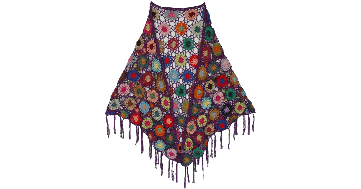 Purple Meadow Floral Crochet Poncho Stole | Scarf-Shawls | Purple ...