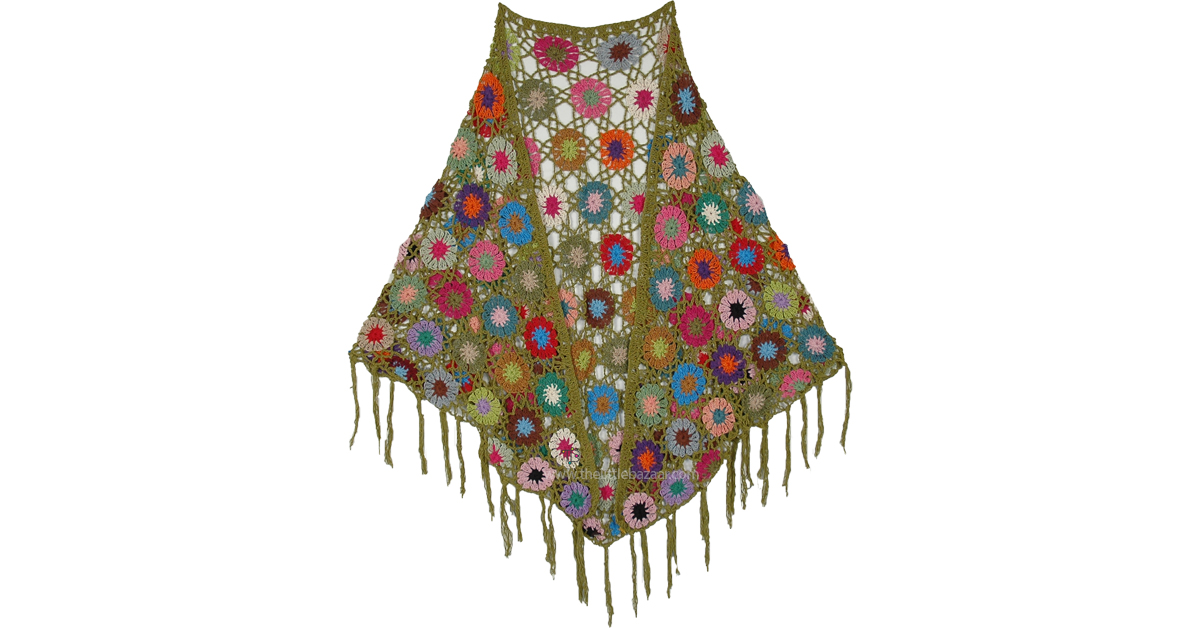 Olive Garden Blooms Crochet Poncho Stole | Scarf-Shawls | Green ...