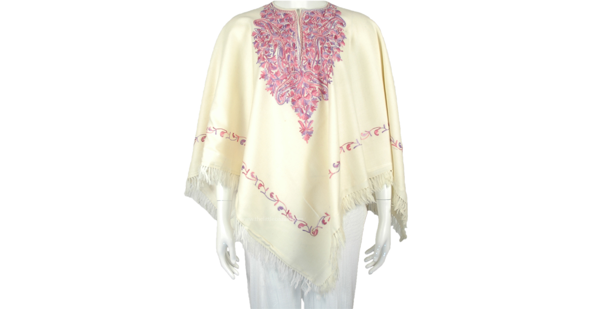 Dusky White Kashmiri Wool Poncho with Floral Embroidery | Scarf-Shawls ...