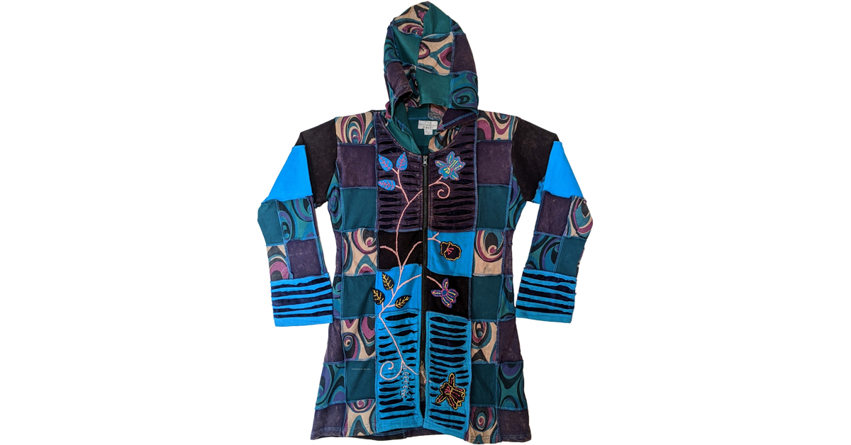 Turquoise Patchwork Long Zip Up Cotton Jacket in Small | Scarf-Shawls ...