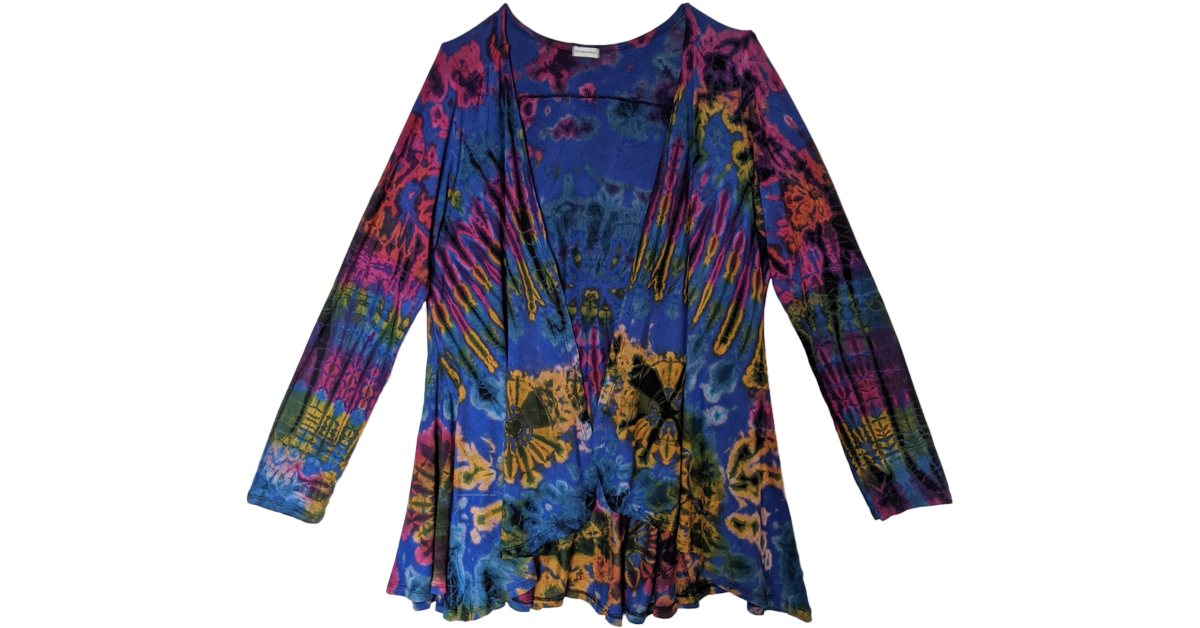 Royal Blue Tie Dye Stretch Rayon Fall Cardigan | Scarf-Shawls ...