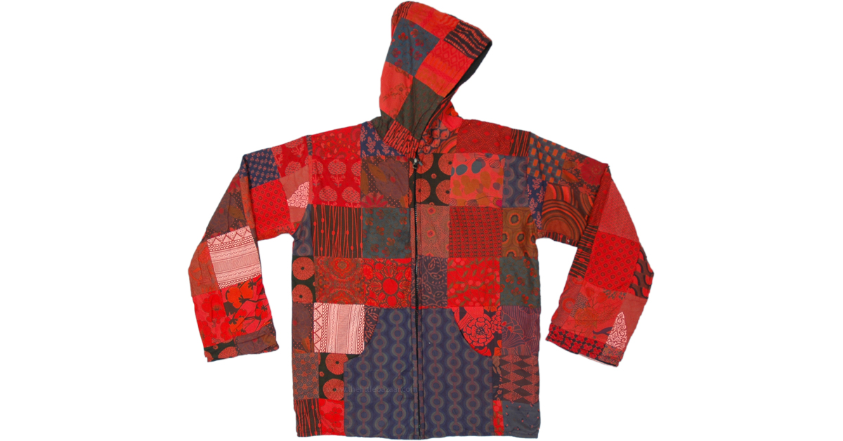 Red Hippie Patchwork Cotton Hoodie with Fleece | Scarf-Shawls | Red ...