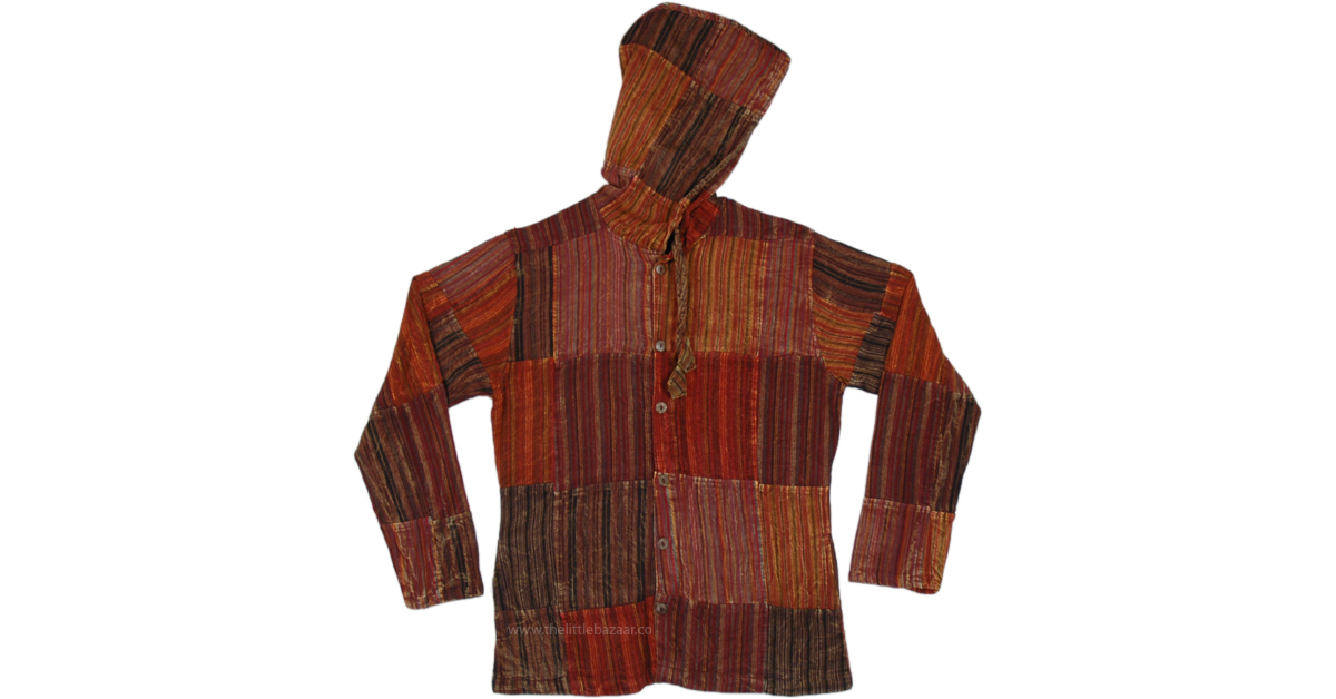 Radiance Brown Patchwork Buttoned Hoodie Shirt | Scarf-Shawls | Brown ...