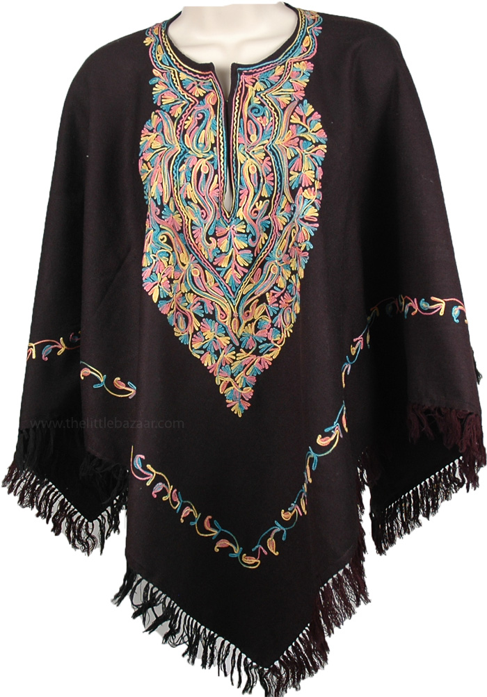 Black Cold Weather Poncho with Fall Embroidery | Scarf-Shawls | Black ...