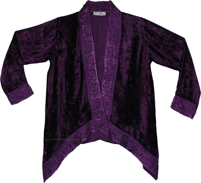 Persian Plum Velvet Open Front Soft Jacket | Scarf-Shawls | Purple ...