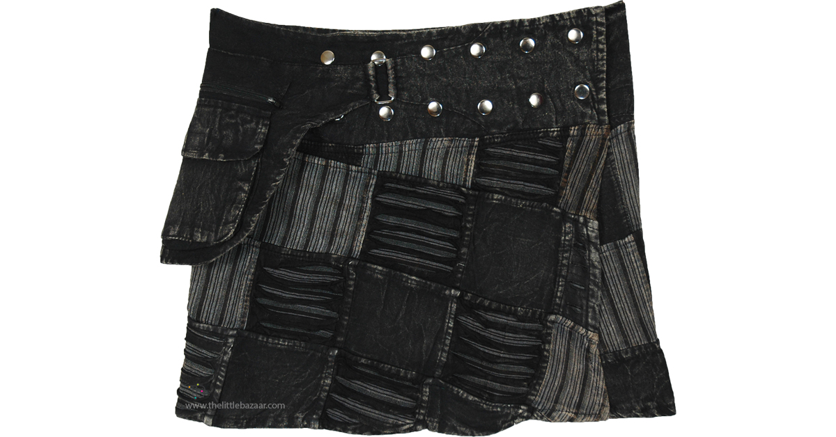 Stormy Skies Snap Wrap Patchwork Short Skirt | Short-Skirts | Black ...