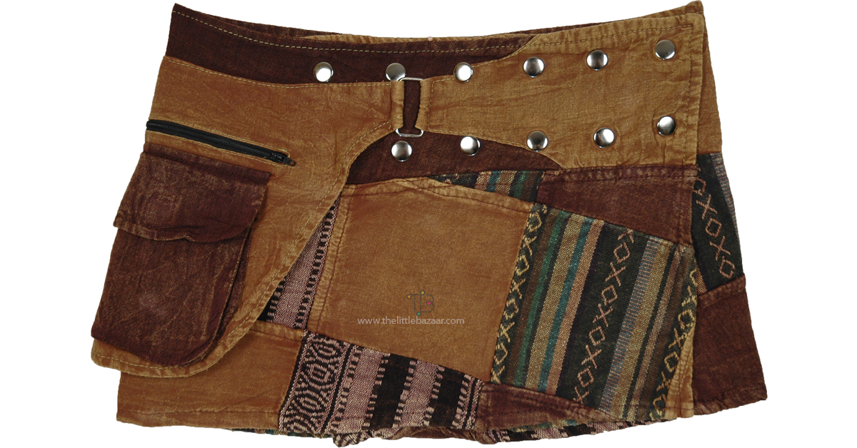 The Earth Dance Patchwork Snap Wrap Mini Skirt | Short-Skirts | Brown ...