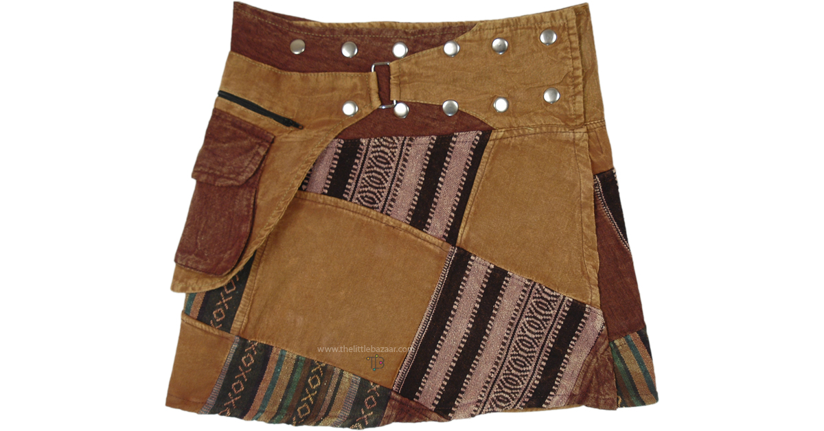 The Earth Dance Patchwork Snap Wrap Short Skirt | Short-Skirts | Brown ...