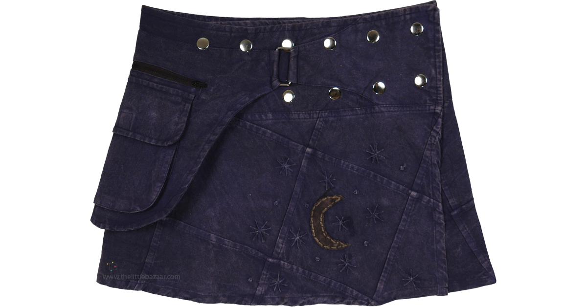 Midnight Moon Patchwork Snap Wrap Mini Skirt | Short-Skirts | Blue ...