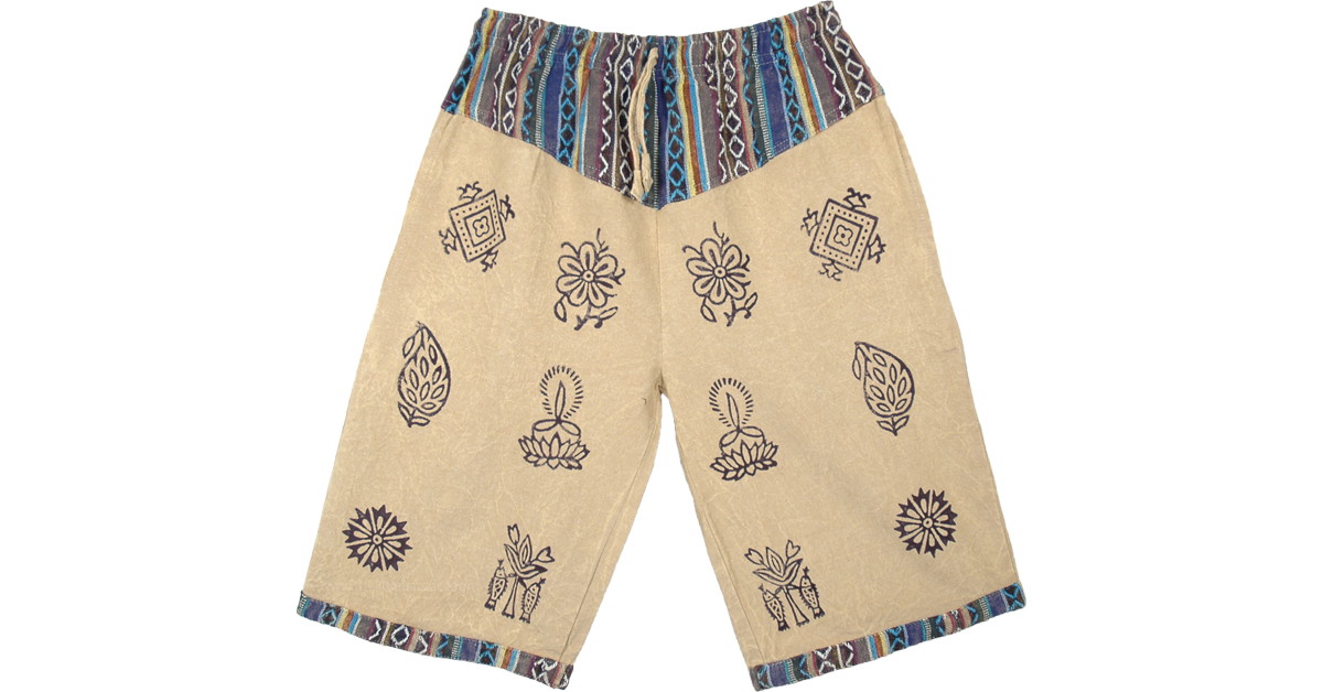 Cotton Washed Calico Beige Long Shorts with Block Print | Shorts ...