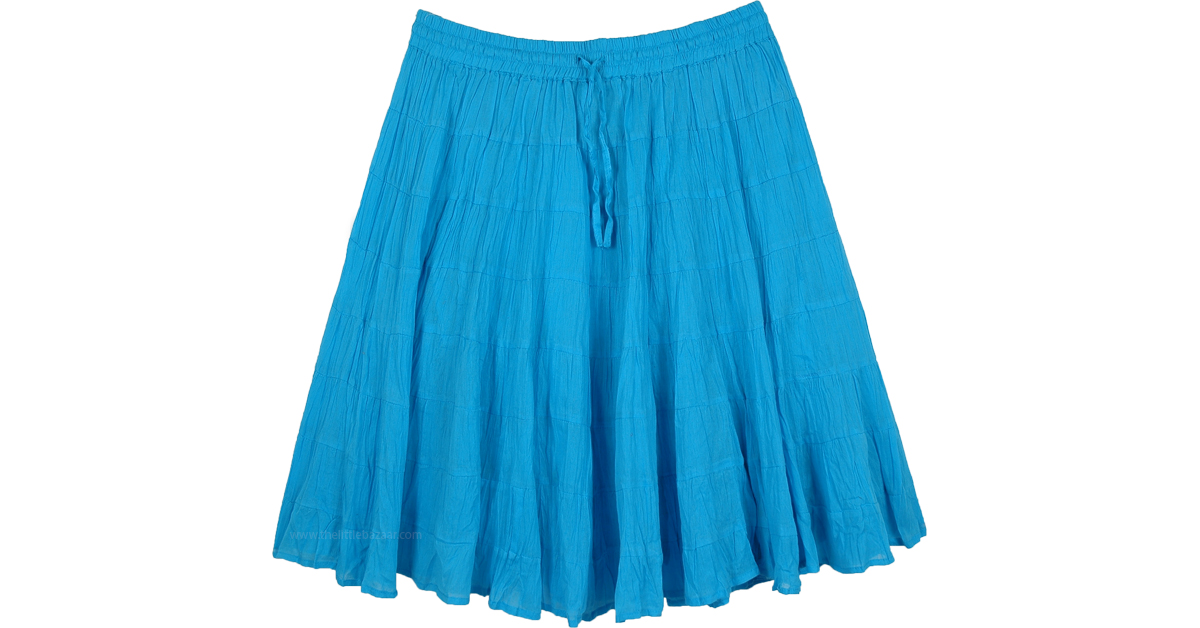 Sale:$22.99 Turquoise Blue Tiered Short Skirt in Wrinkled Cotton ...