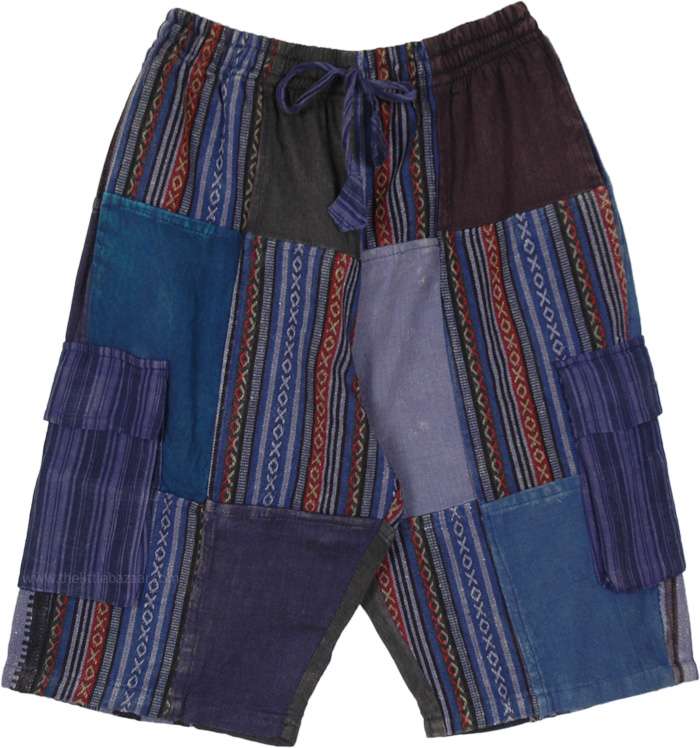 Unisex Purple Blue Hippie Cotton Patchwork Cargo Shorts Shorts