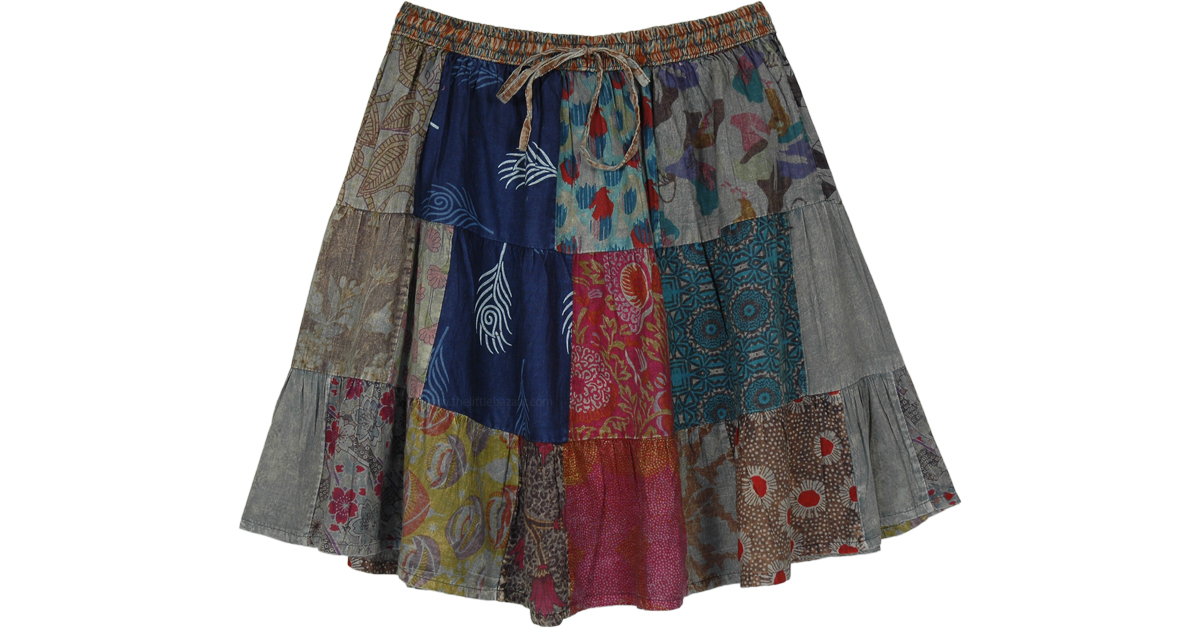 Grey Patchwork Multi Print Cotton Short Skirt | Short-Skirts | Grey ...