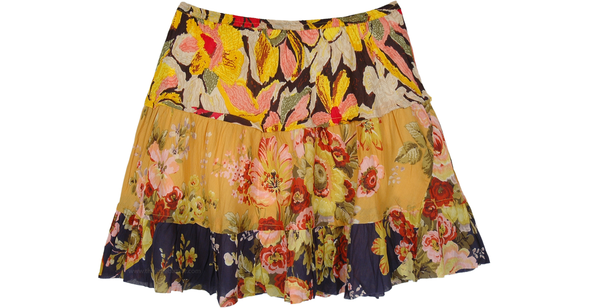Chandan Floral Mix Tiered Cotton Short Skirt | Short-Skirts | Yellow ...