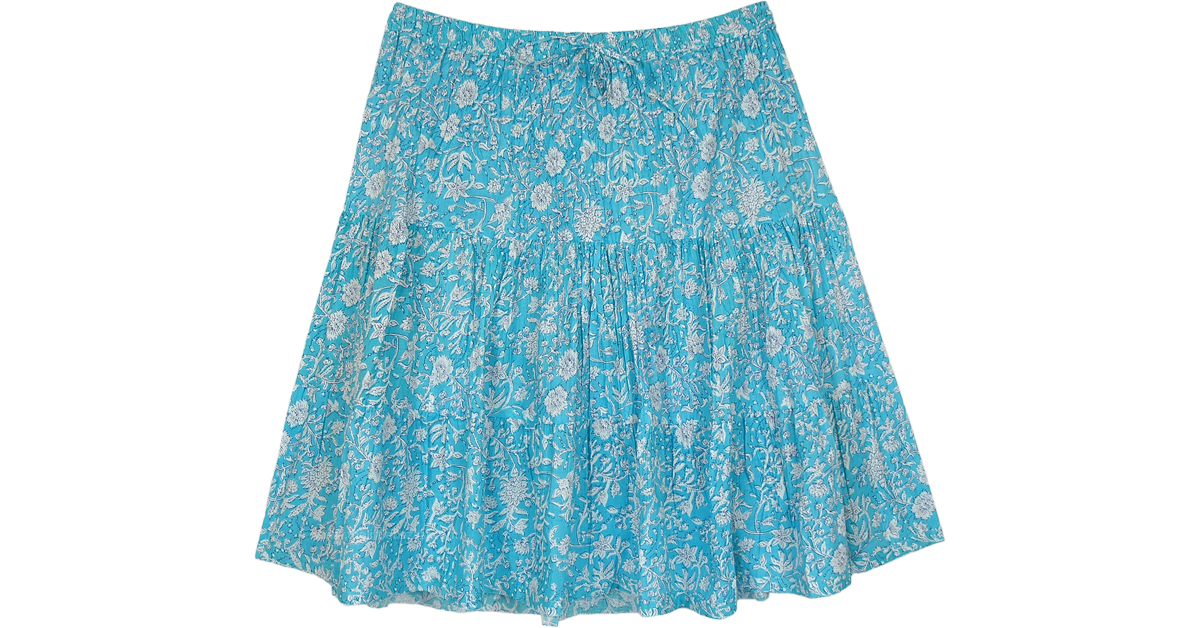 Icy Blue Floral Prints Tiered Summer Short Skirt | Short-Skirts | Blue ...