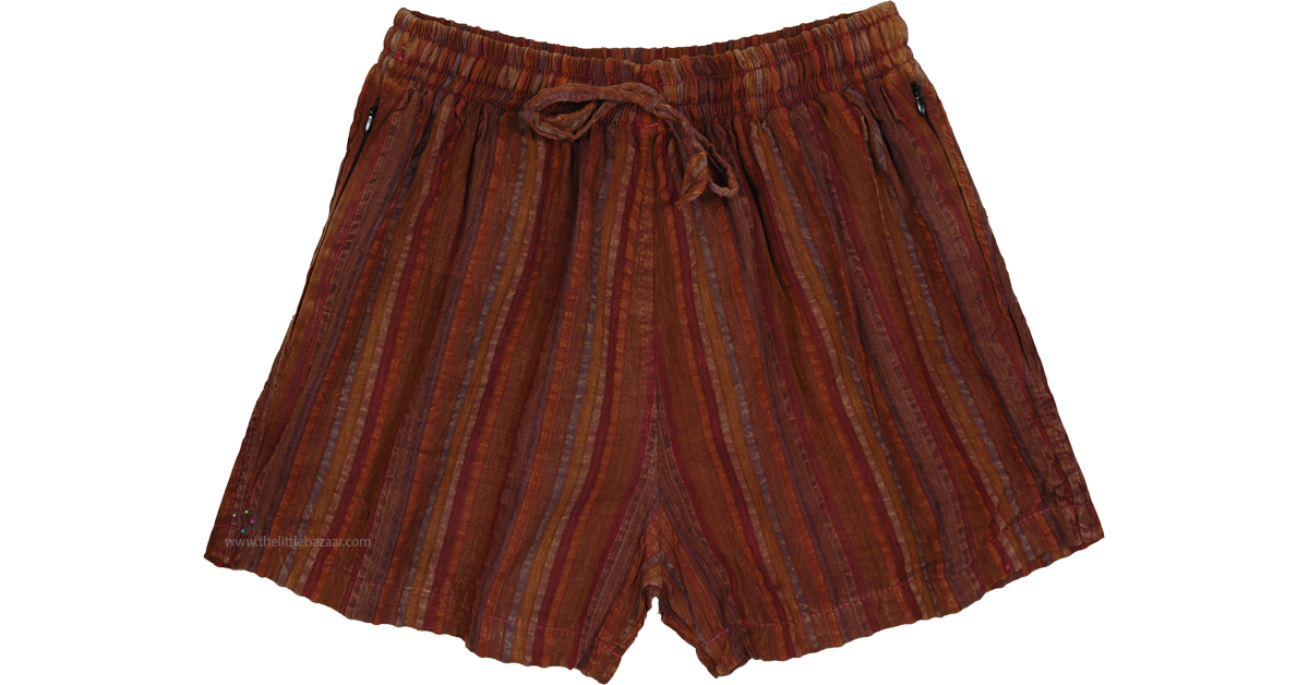 Sunset Striped Cotton Bohemian Shorts | Shorts | Brown | Bohemian, Handmade