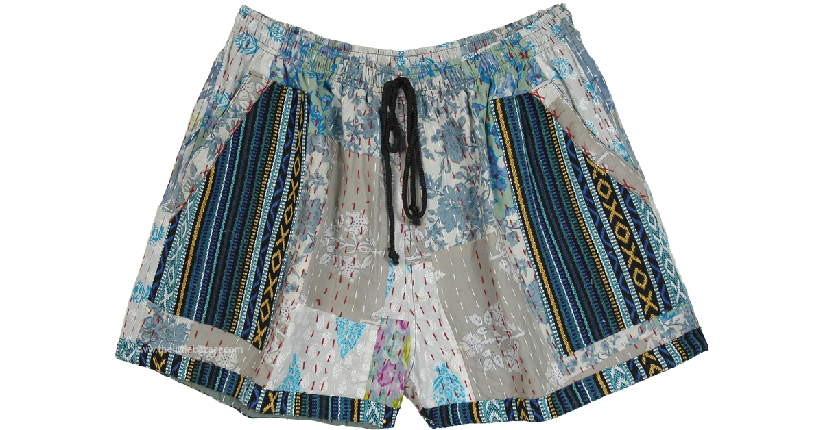 Artisan Skies Handicraft Kantha Shorts | Shorts | Blue | Bohemian, Handmade