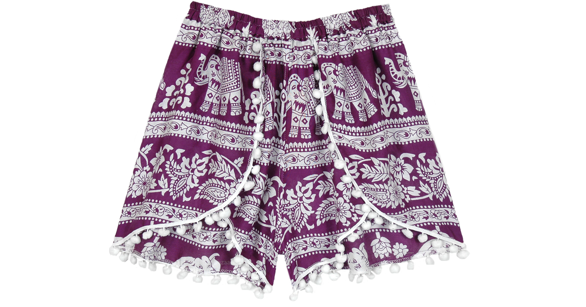Elephant Print Hippie Shorts with Pompoms | Shorts | Purple | Junior ...