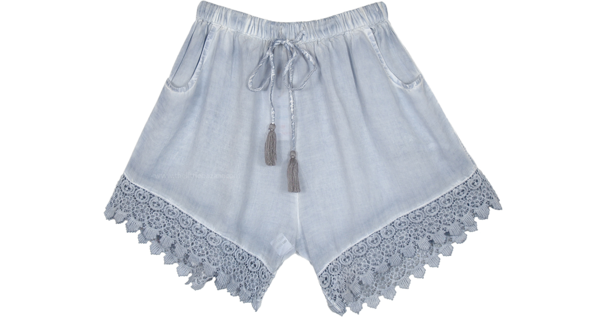 Cloud Grey Gypsy Summer Shorts with Crochet Hem | Shorts | Grey ...