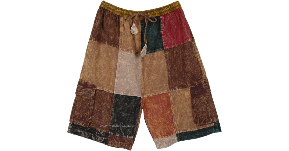 Earthy Love Patchwork Hippie Unisex Shorts | Shorts | Brown | Vacation, Beach, Solid, Bohemian ...
