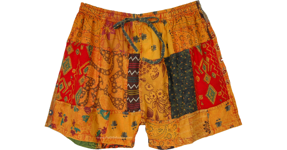 Bright Bloom Orange Cotton Patchwork Shorts | Shorts | Orange | Patchwork, Printed, Bohemian ...