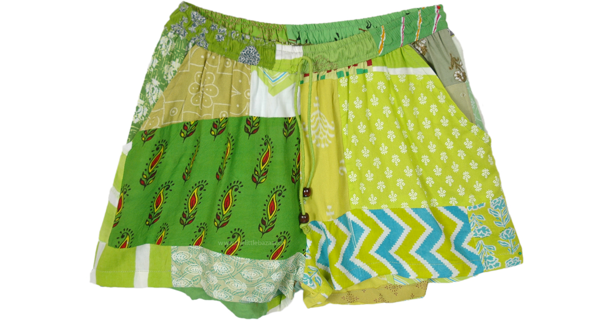 Parrot Green Handmade Patchwork Shorts | Shorts | Green | Junior-Petite ...